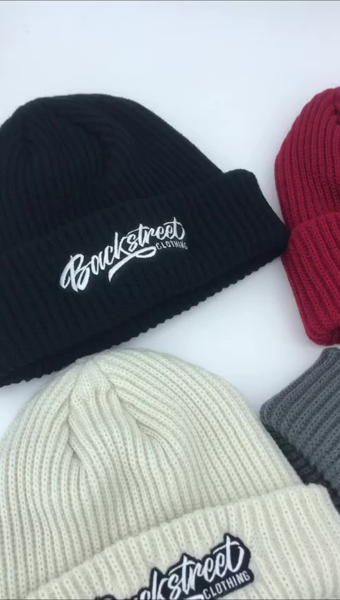 Custom Winter Cuffed Knitted Hats Embroidery Beanies Solid Color Unisex ...