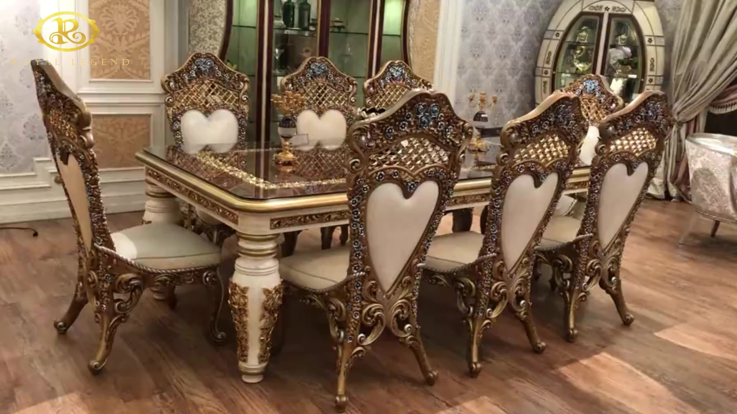 European Antique Dining Table Chairs Wine Cabinet Set Classical Royal ...