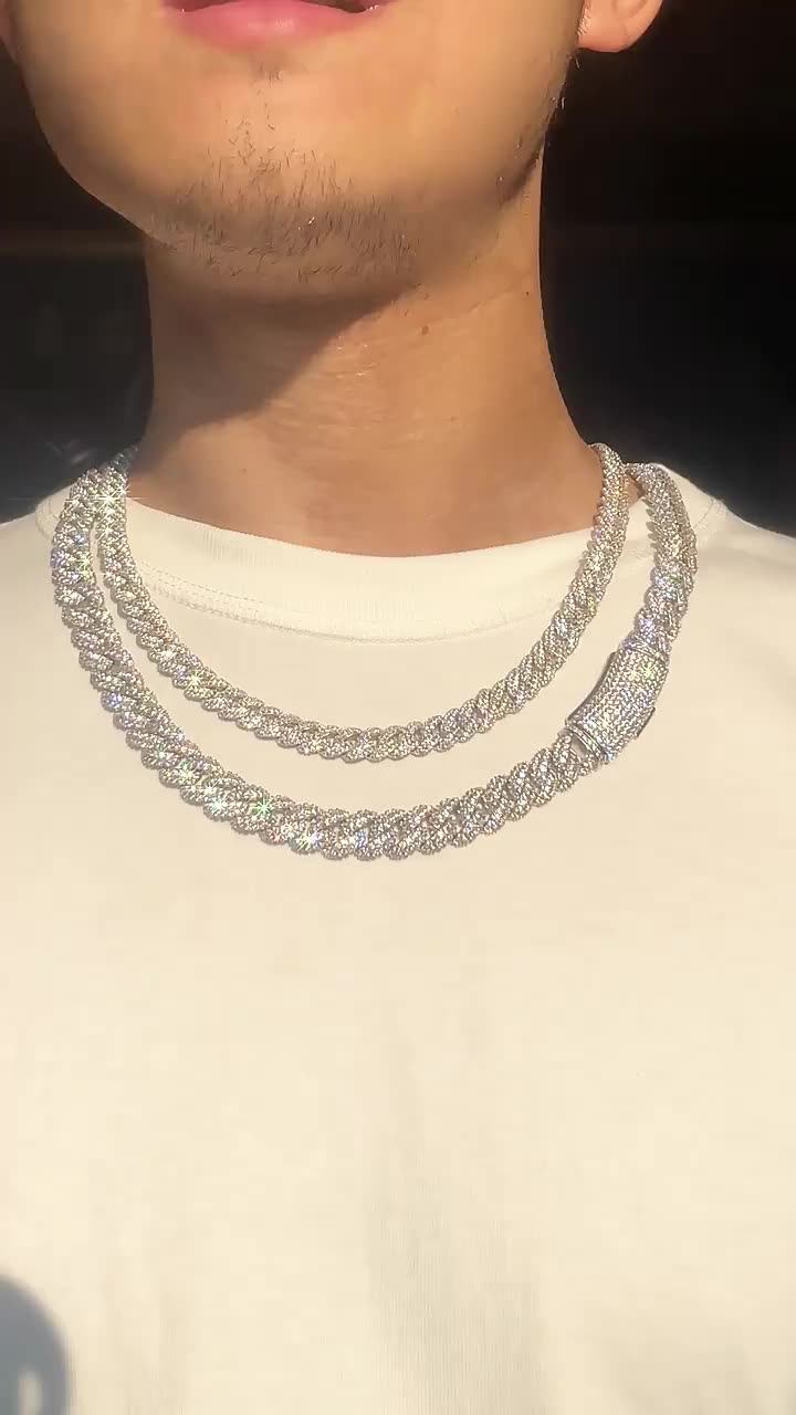 Full Ice Out Moissanite Cuban Chain 2rows 6mm 9mm 13mm 925 Solid Silver ...