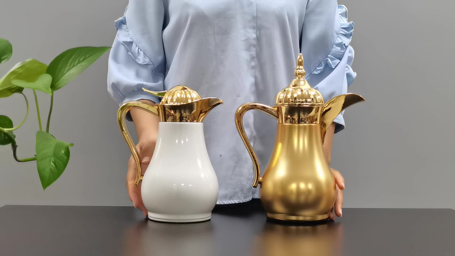 350ml Elegant Golden Plated Dallah Turkish Thermos Flask With Glass ...