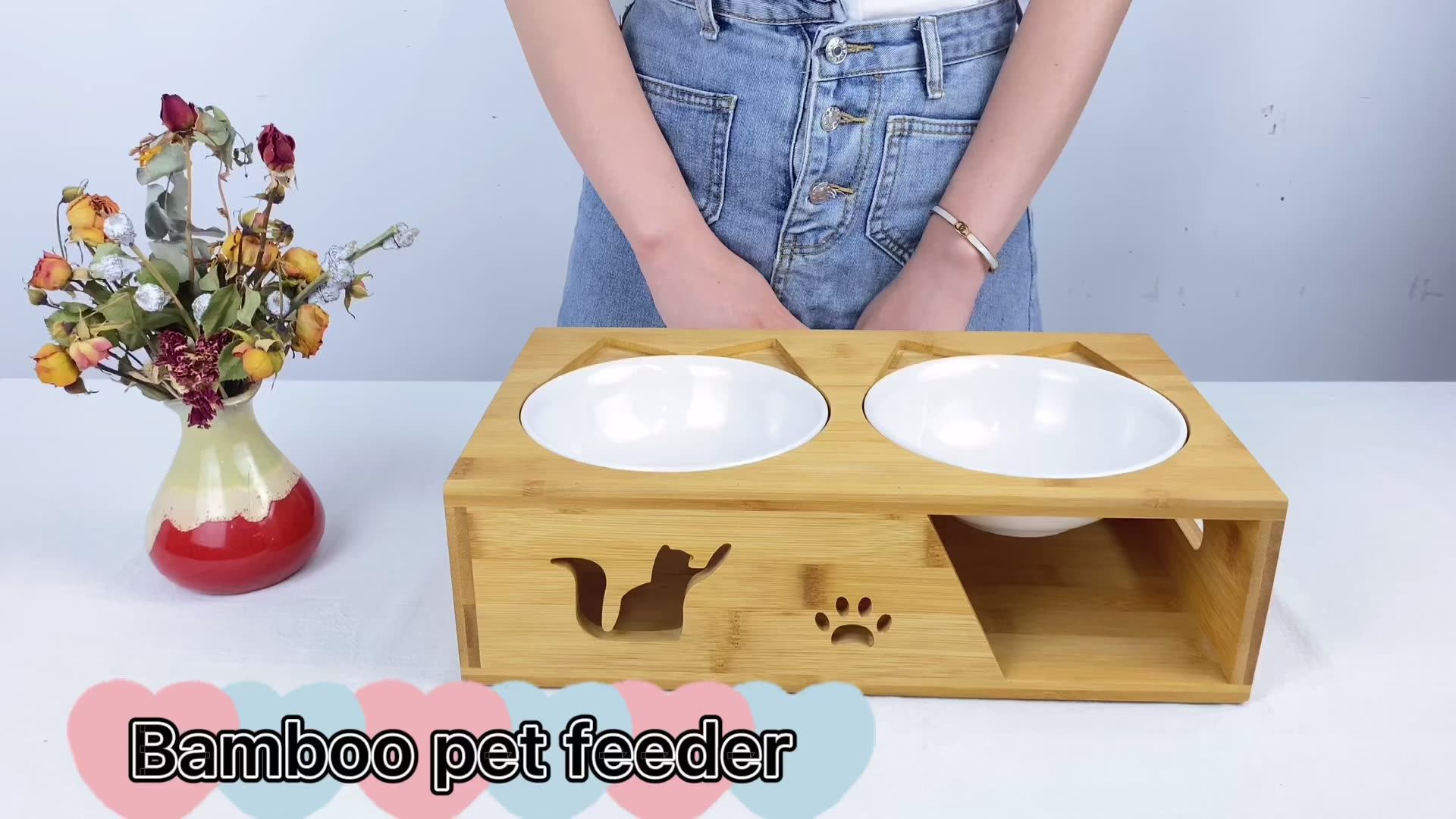 Bamboo Cat Ear Shape Pet Feeder Stand With Ceramic Single Pet Bowl For ...