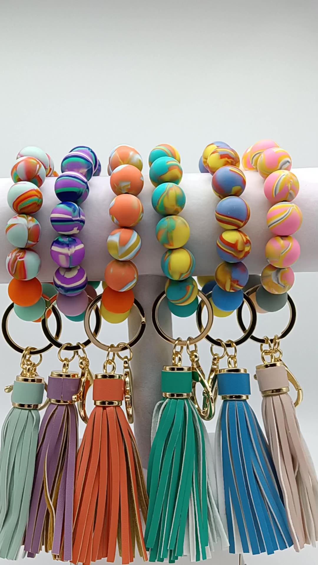 Rainbow Tie Dye Print Silicone Bead Bracelet Wristlet Keychain Stretchy ...