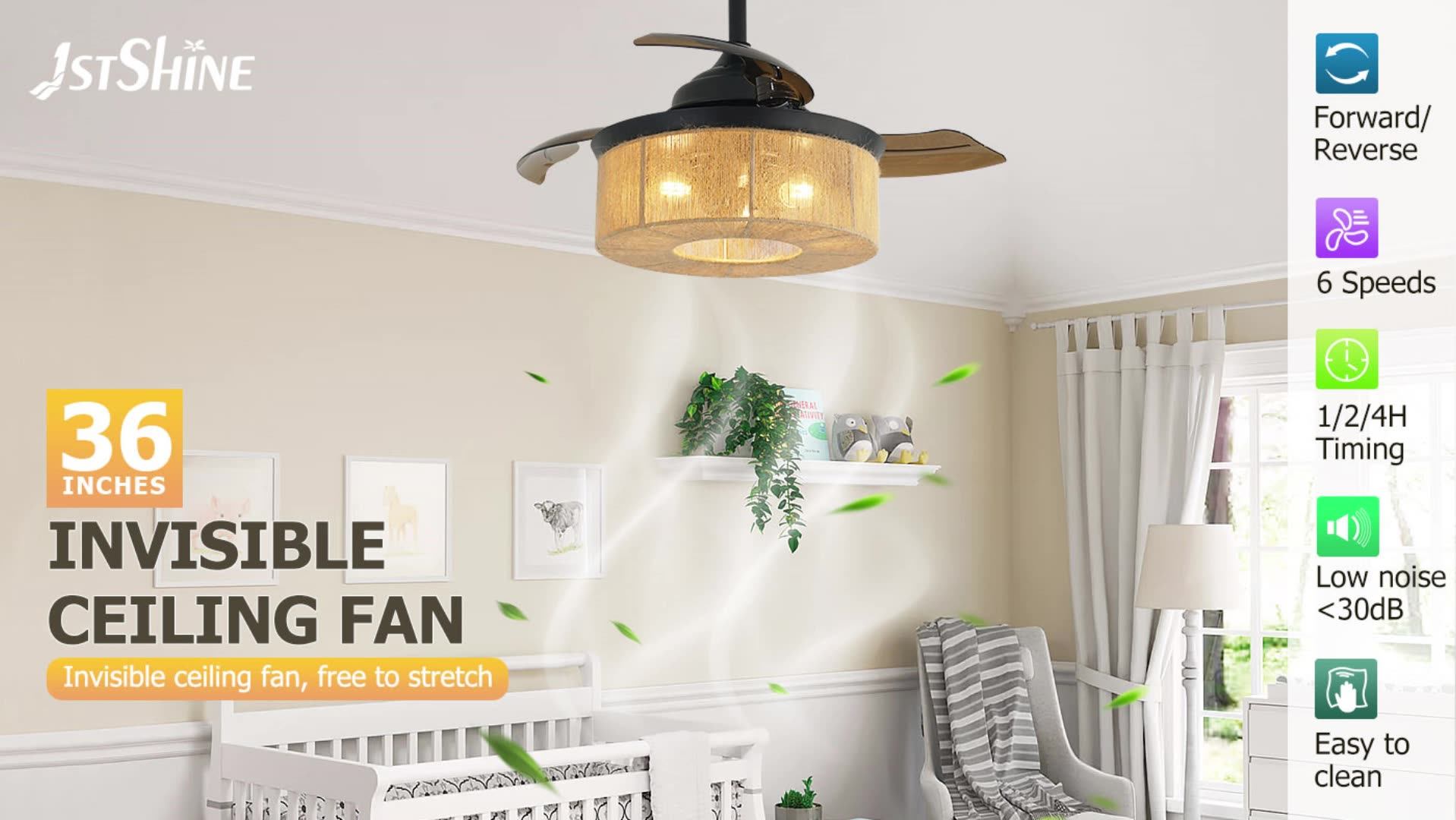 1stshine Ceiling Fan Rope Lampshade Smart Retractable Blade Chandelier ...
