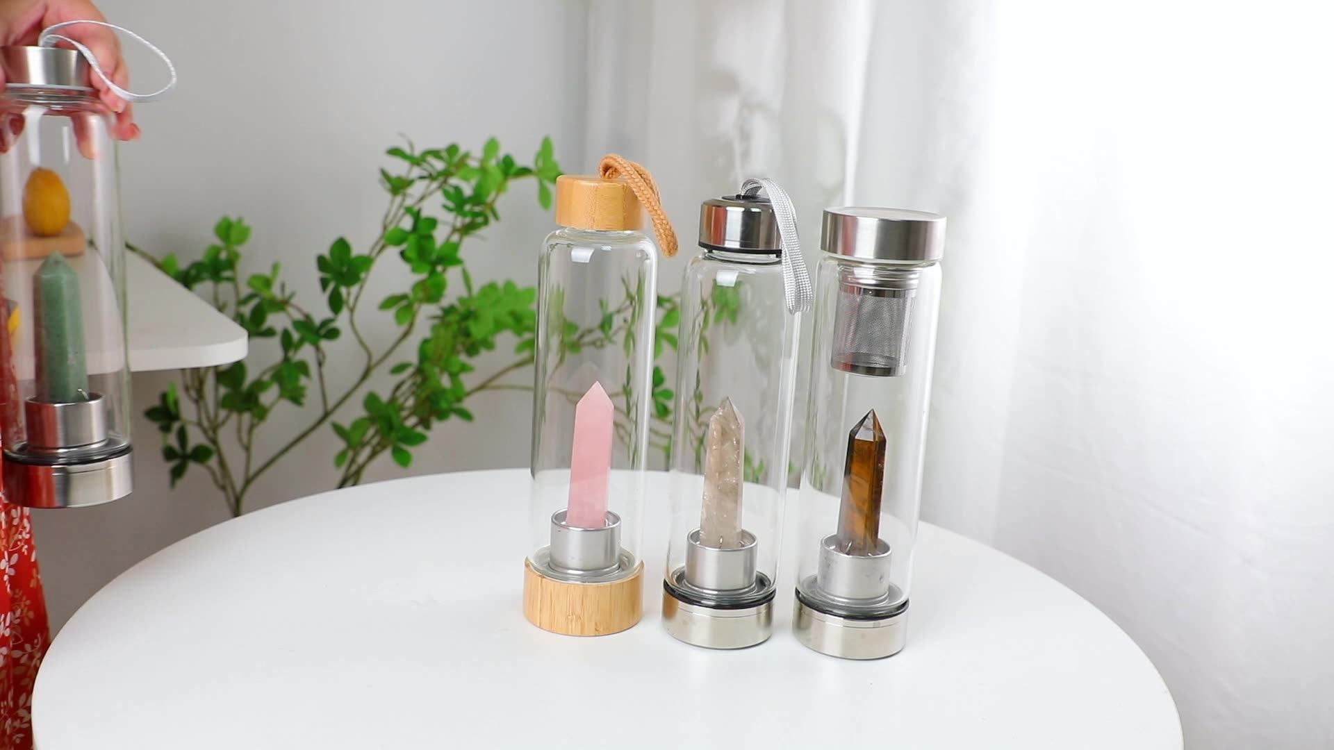 Eco Friendly Crystal Infused Glass Water Bottle Rose Quartz Chip ...