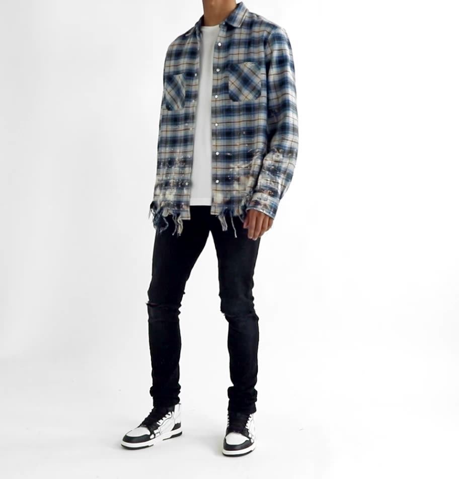 Custom Oversized Distressed Checked Cotton Flannel Mineral Acid Wash ...