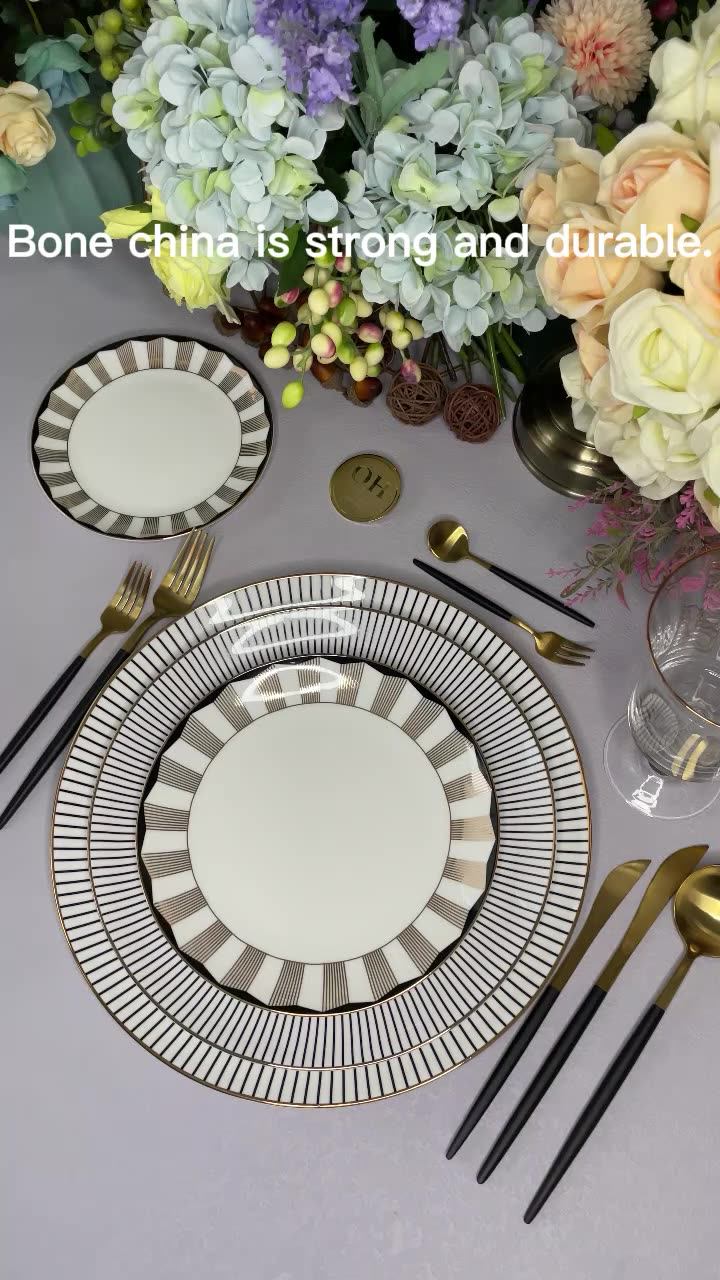 Modern Luxury Dinner Set Fine Bone China Wedding Plate Set Golden Inlay ...