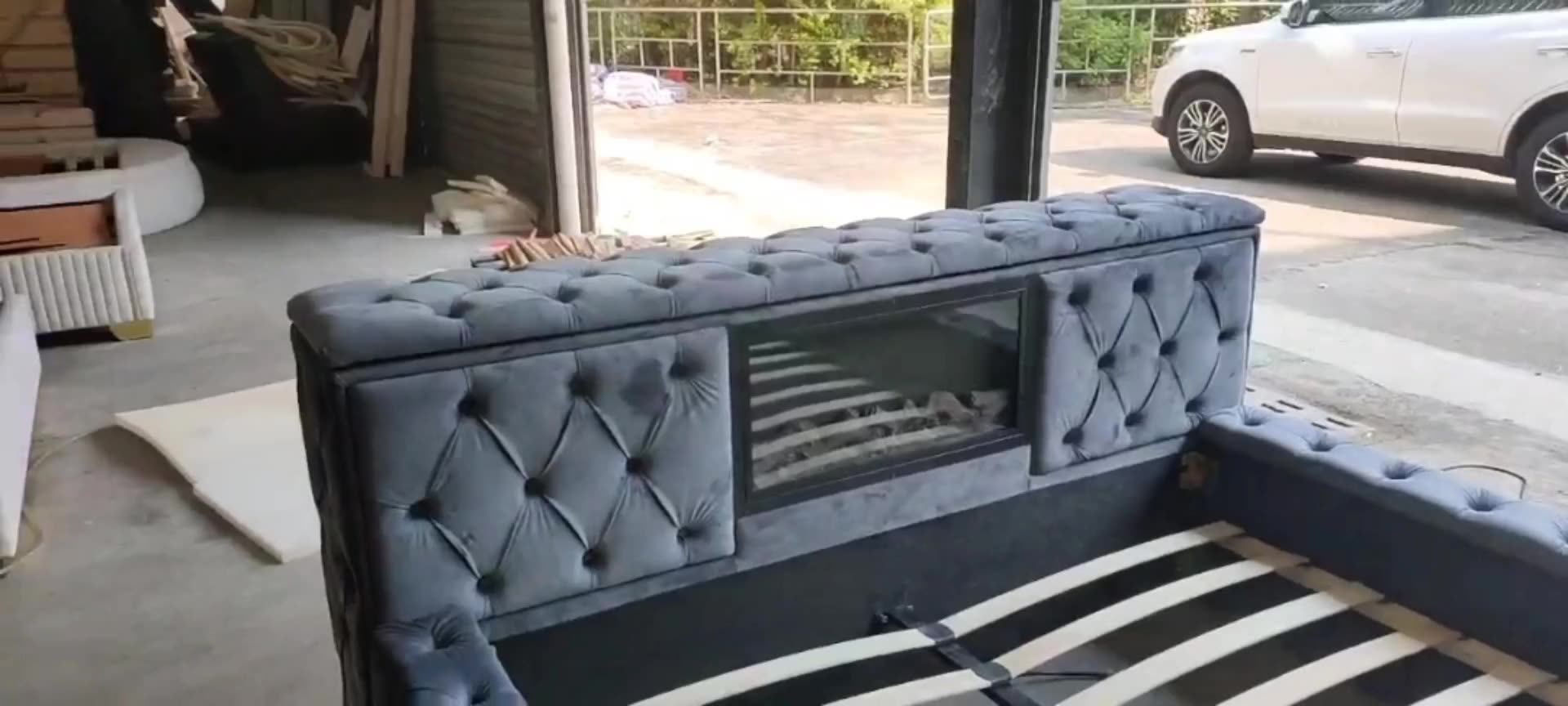Modern Velvet Fabric Smart Bedroom Set Queen Bed With Tv Footboard ...
