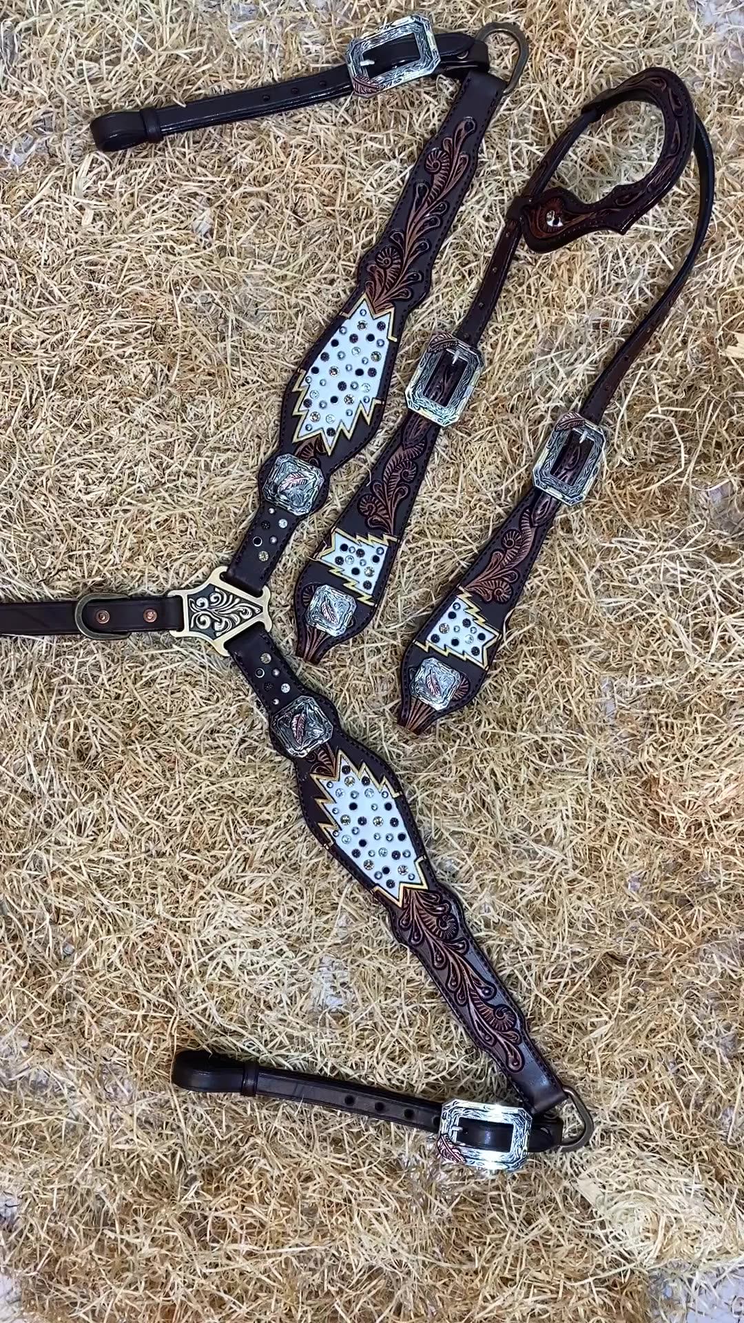Hand Carving And Topaz Headstall Western Beaded Leather Horse Bridle ...