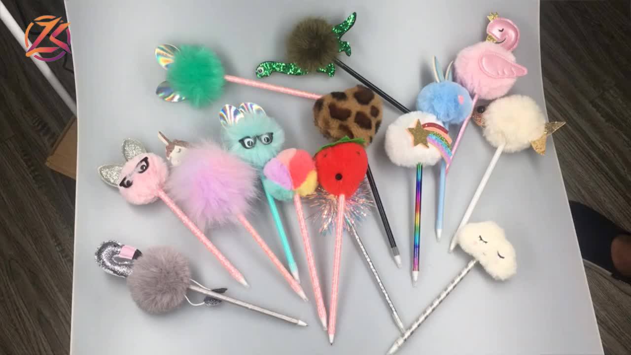 Cute Creative Plastic Kawaii Unicorn Shaped Color Pens Colorful Pom Pom ...