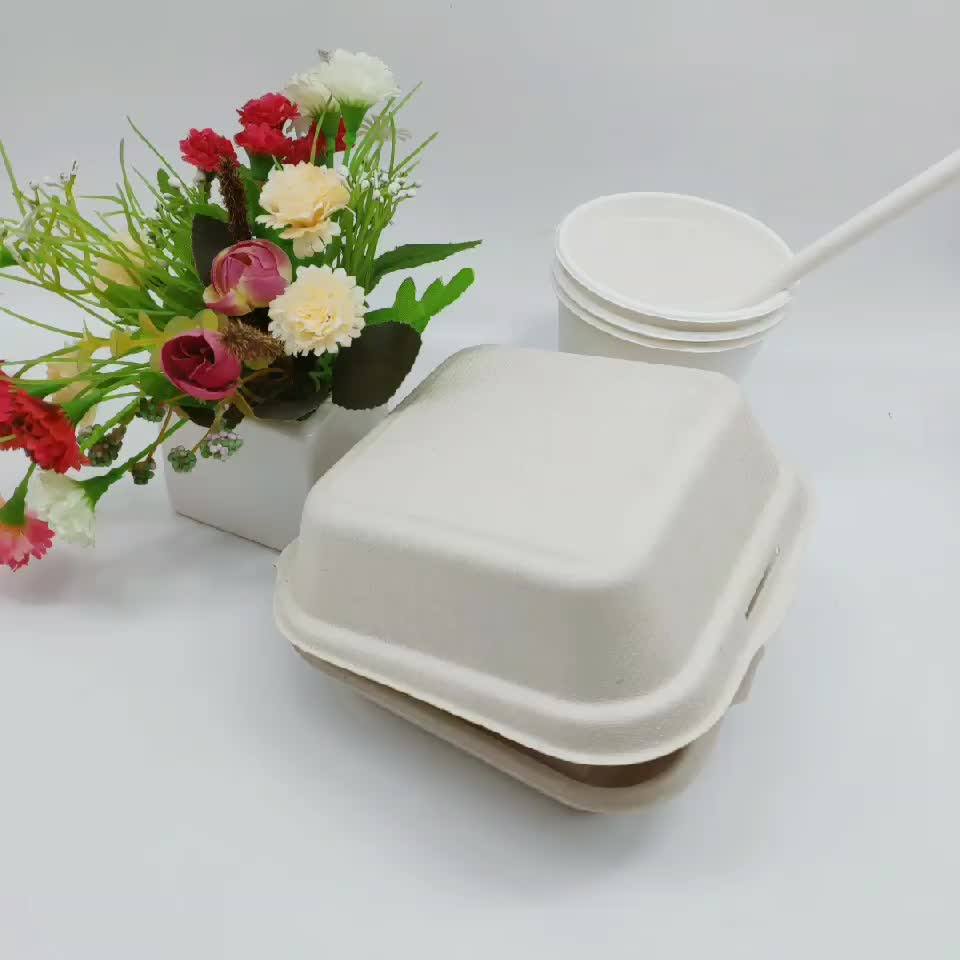 Sugarcane Bagasse Pulp Food Bento Box 450ml Square Shape Burger Box ...
