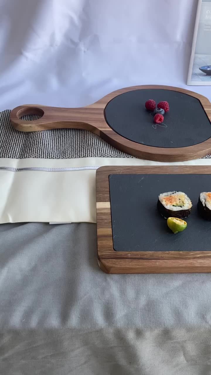 Luxury Acacia Wood Slate Western Dinner Plate Irregular Steak Wood Tray ...