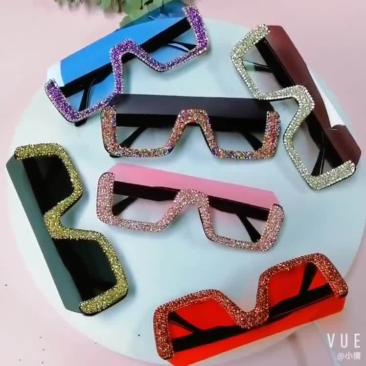 81609a Luxury Women Half Frame One Piece Rhinestone Square Sunglasses ...