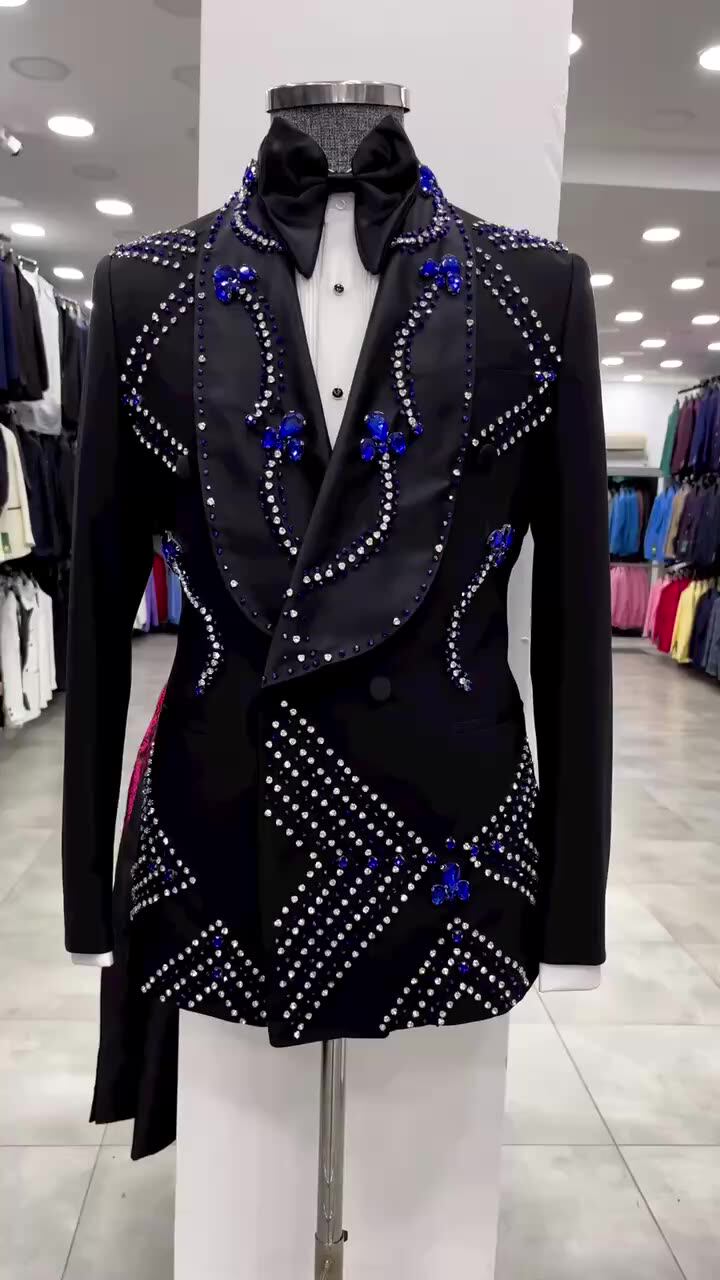 Custom Rhinestone Shining Double Breasted Wedding Suit For Men Formal ...