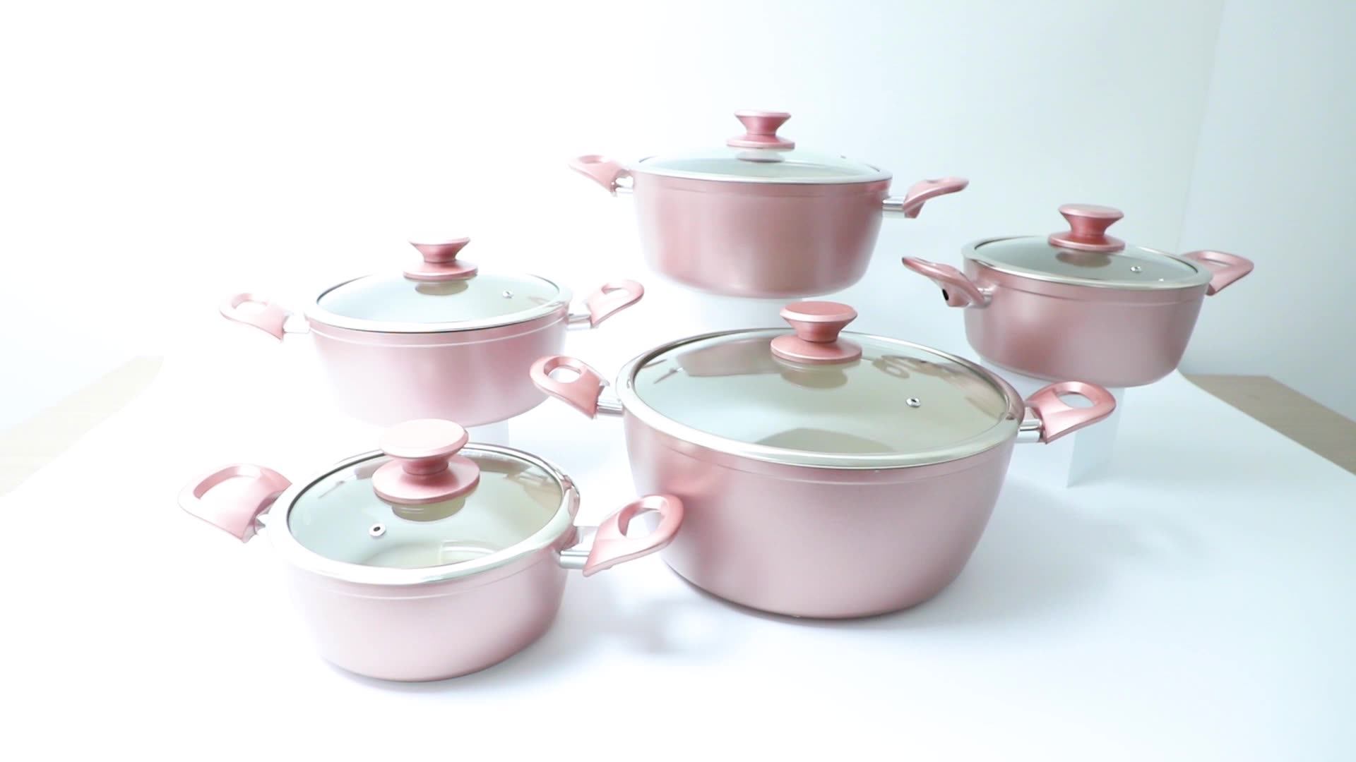 11pcs Pink Cooking Pots And Pans Cookware Set Glass Lid With Silicon ...