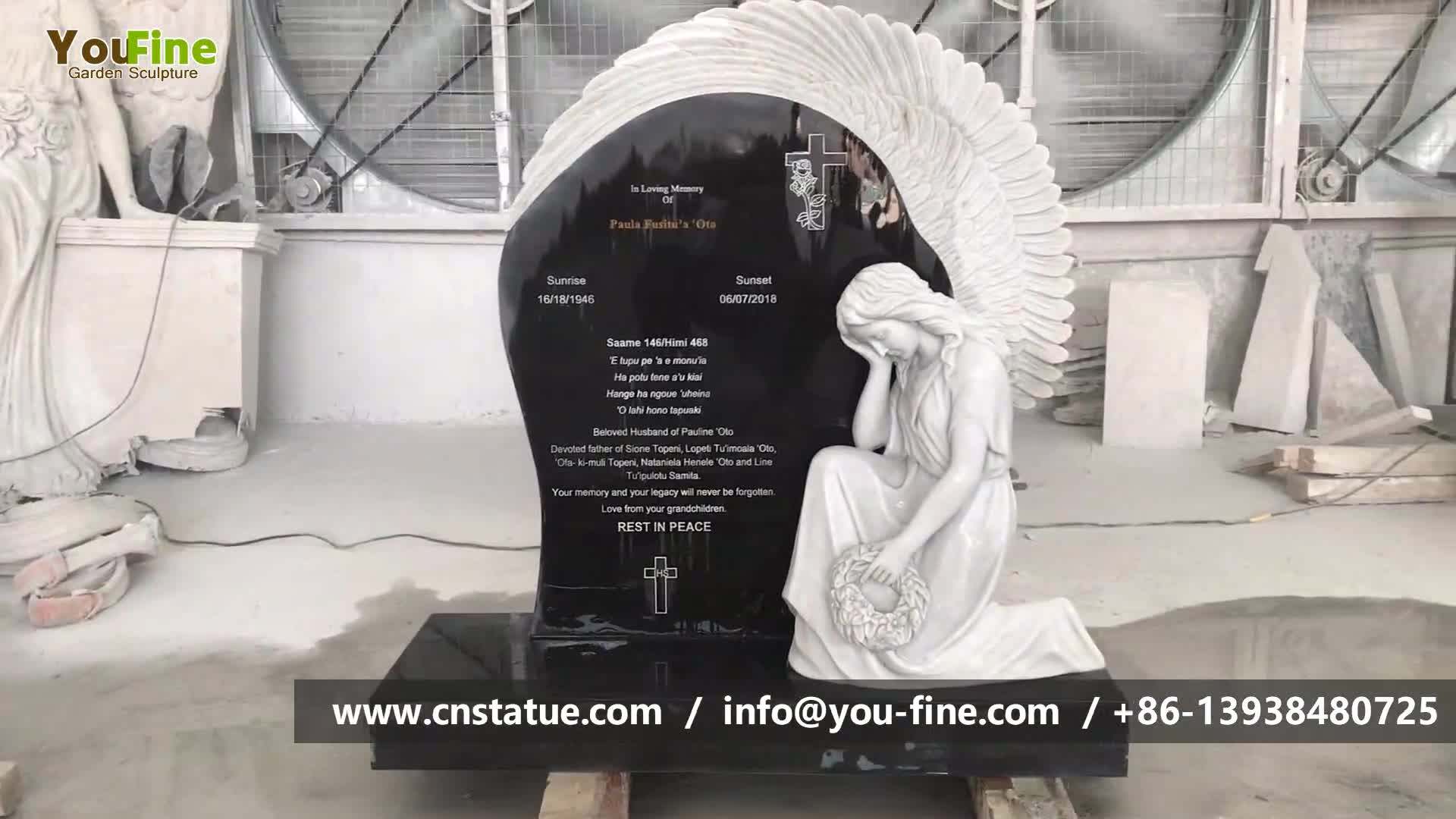 Custom Black Marble Double Tomb Headstone With Angel Statue