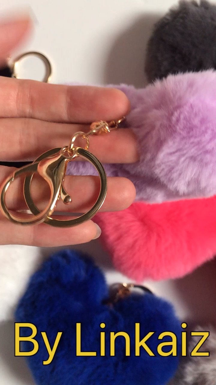 Cute Girl Fluffy Plush Keyring Furry Faux Fur Heart Pom Pom Fur ...