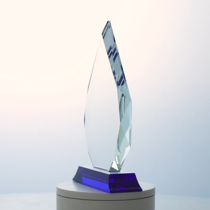 Personalized Blue Color Base Crystal Glass Trophy Award Engravable Logo ...