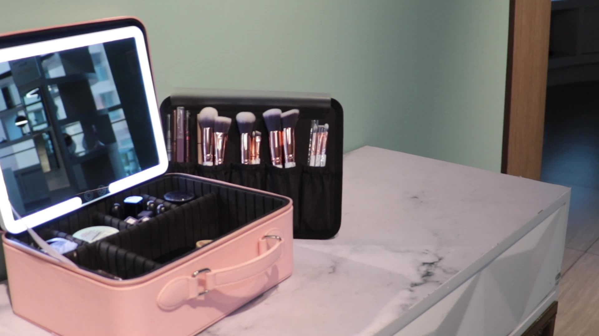 Portable Vanity Storage Box Lighted Type-c Charging Pu Leather Pink ...