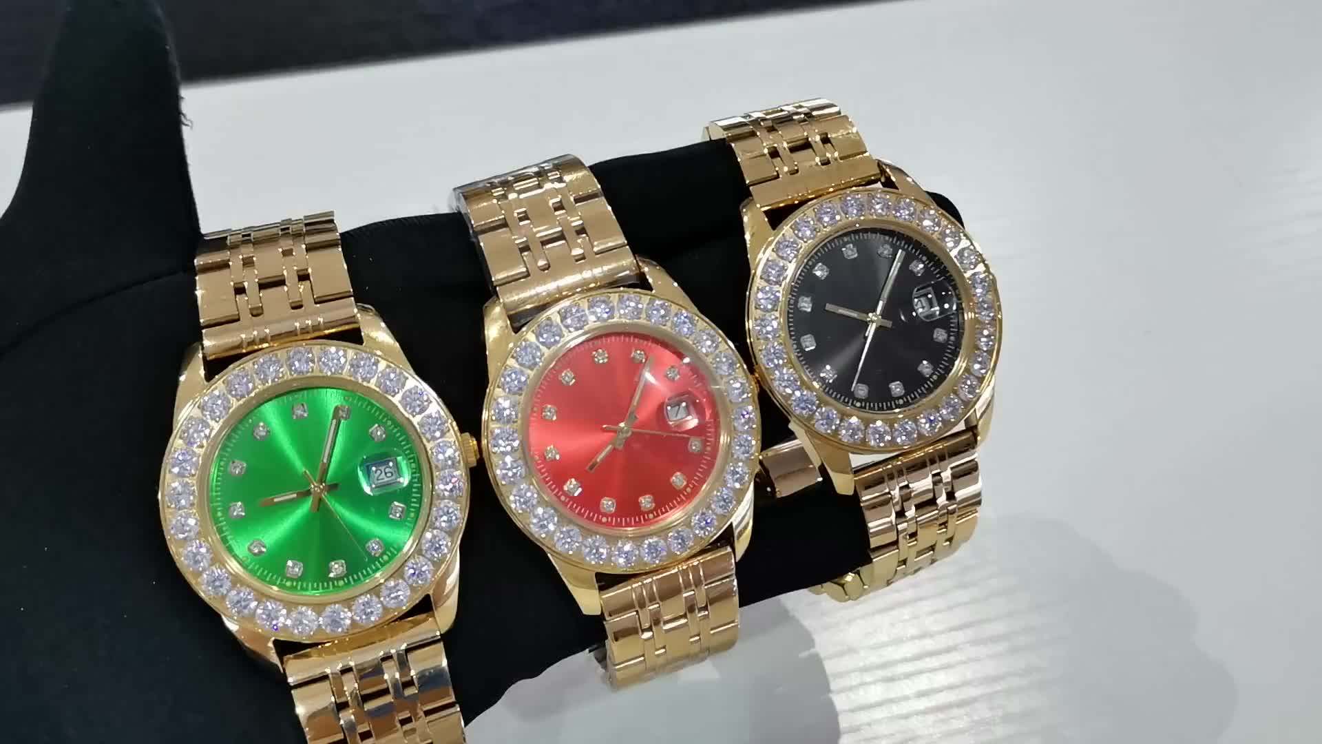 Luxury Cz Diamond Gold Plated Stainless Steel Men Rollex Wrist Watch ...