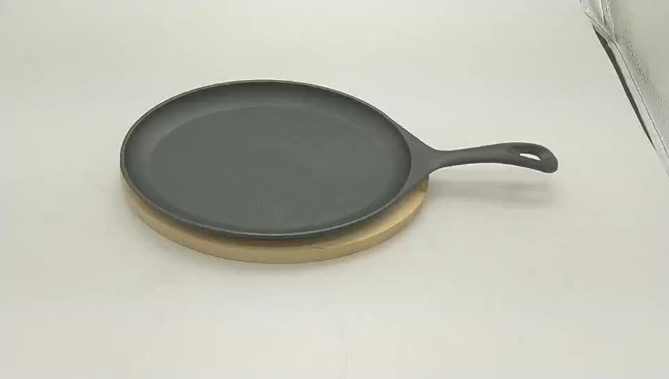 Cast Iron Bbq Steak Sizzling Plate With Wooden Trivet /frying Pan - Buy ...