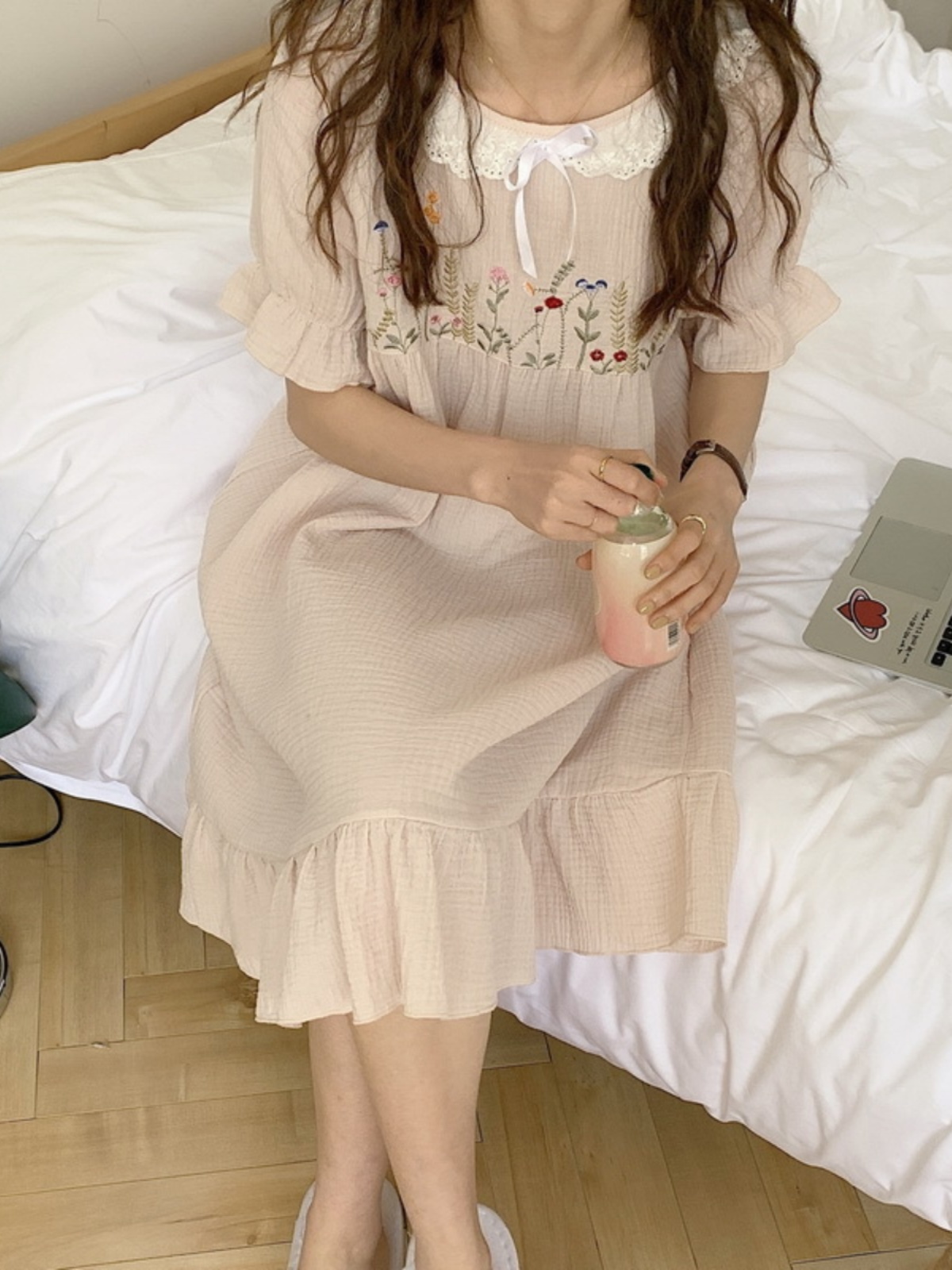 韓國ins女裝夏季新品棉布花邊繡花重工蝴蝶結短袖洋裝睡裙網紅-Taobao