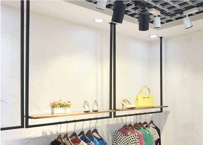 Clothing store display rack upper wall ceiling hanging clothes hanger ...