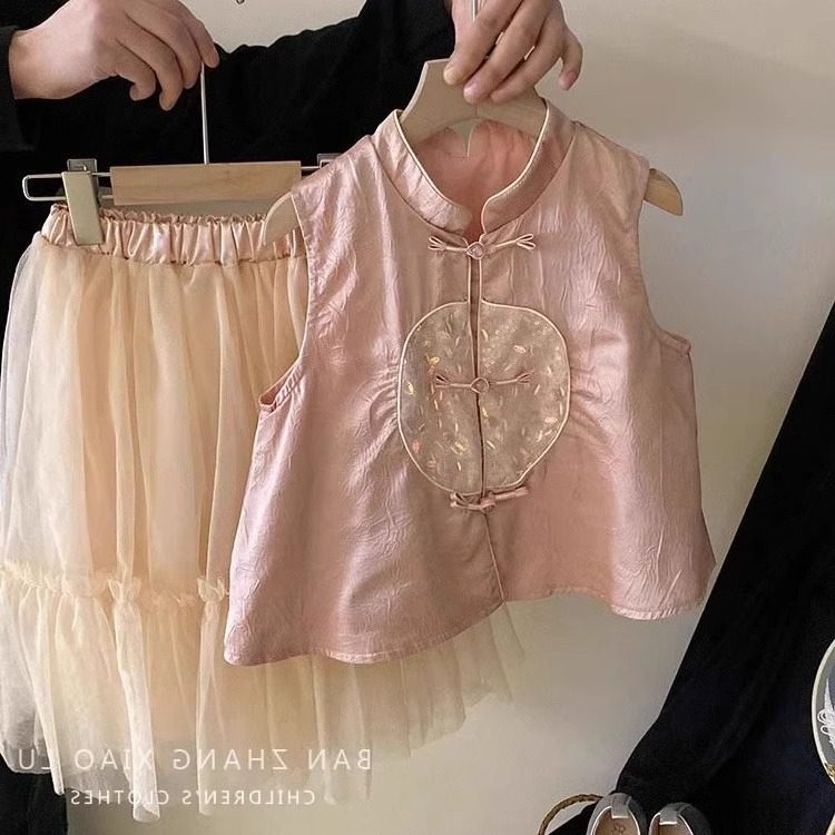 女童夏装2024新款套装洋气时髦儿童新中式立领盘扣上衣半身网纱裙-Taobao