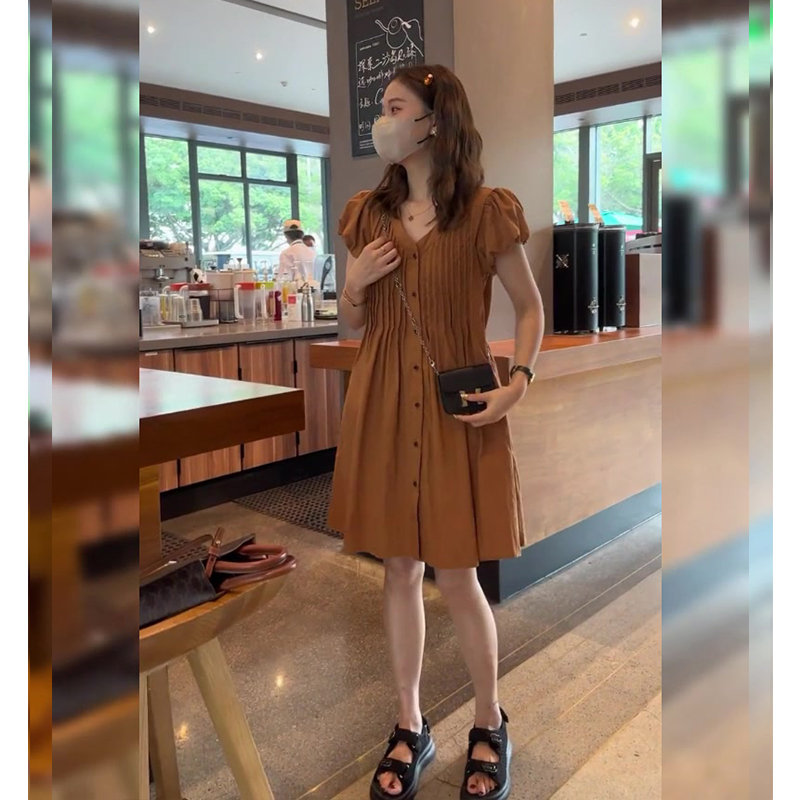 韓系設計感荷葉袖洋裝女2024夏季新款大尺碼胖MM遮肉顯瘦壓褶裙子-Taobao