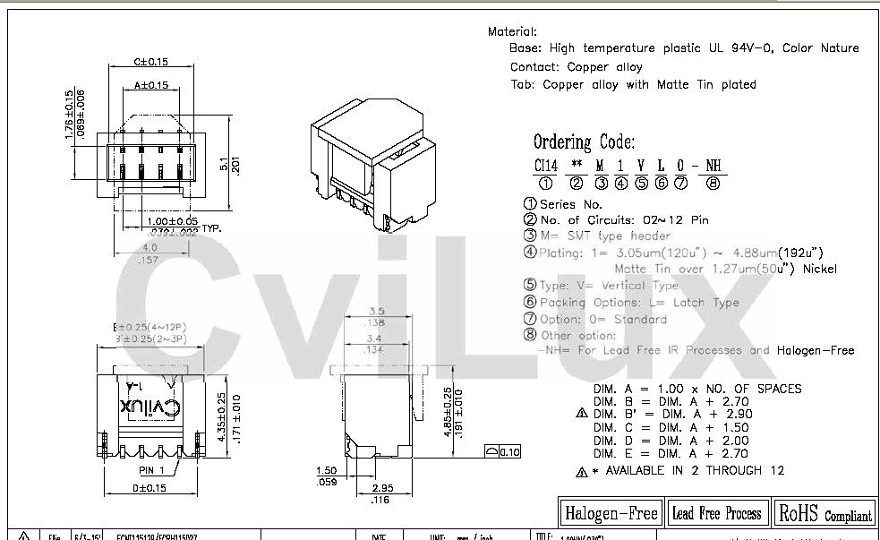 CI1406M1VL0-NH 燈條連接器 1.0間距6P立式貼片插座現貨