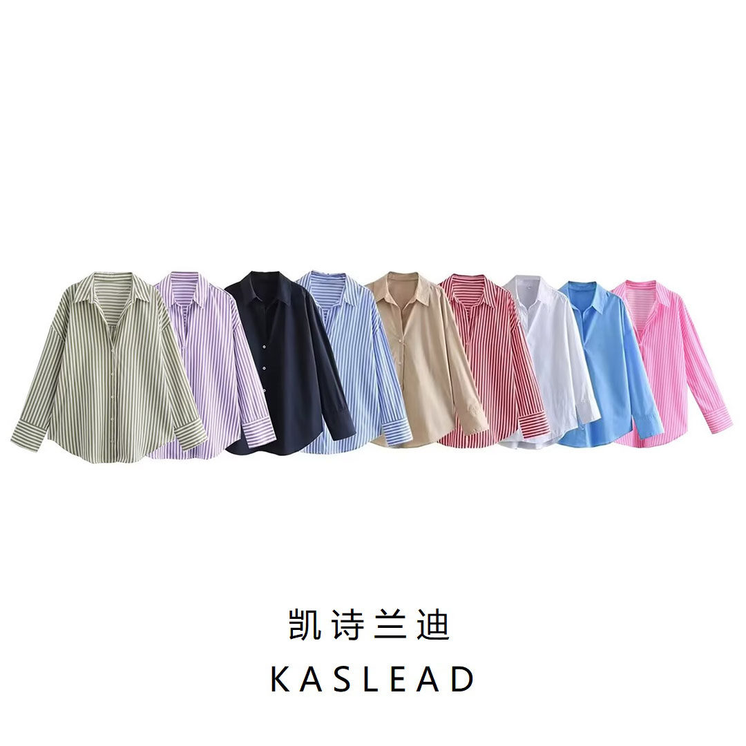 KASLEAD 新款 女裝 歐美風長袖翻領寬鬆條紋府綢襯衫 4387036 094-Taobao