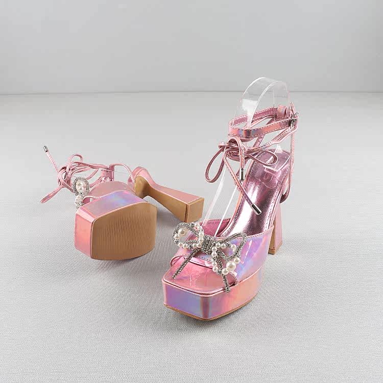 Pink Bow Princess Shoes Women's Super High Heel Hollow Patent Leather ...