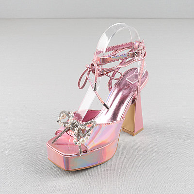 Pink Bow Princess Shoes Women's Super High Heel Hollow Patent Leather ...