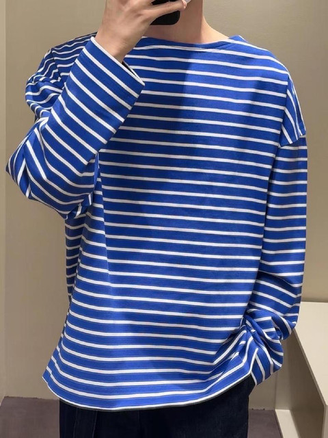 Original C/S men's full cotton casual loose fit striped boat collar T ...