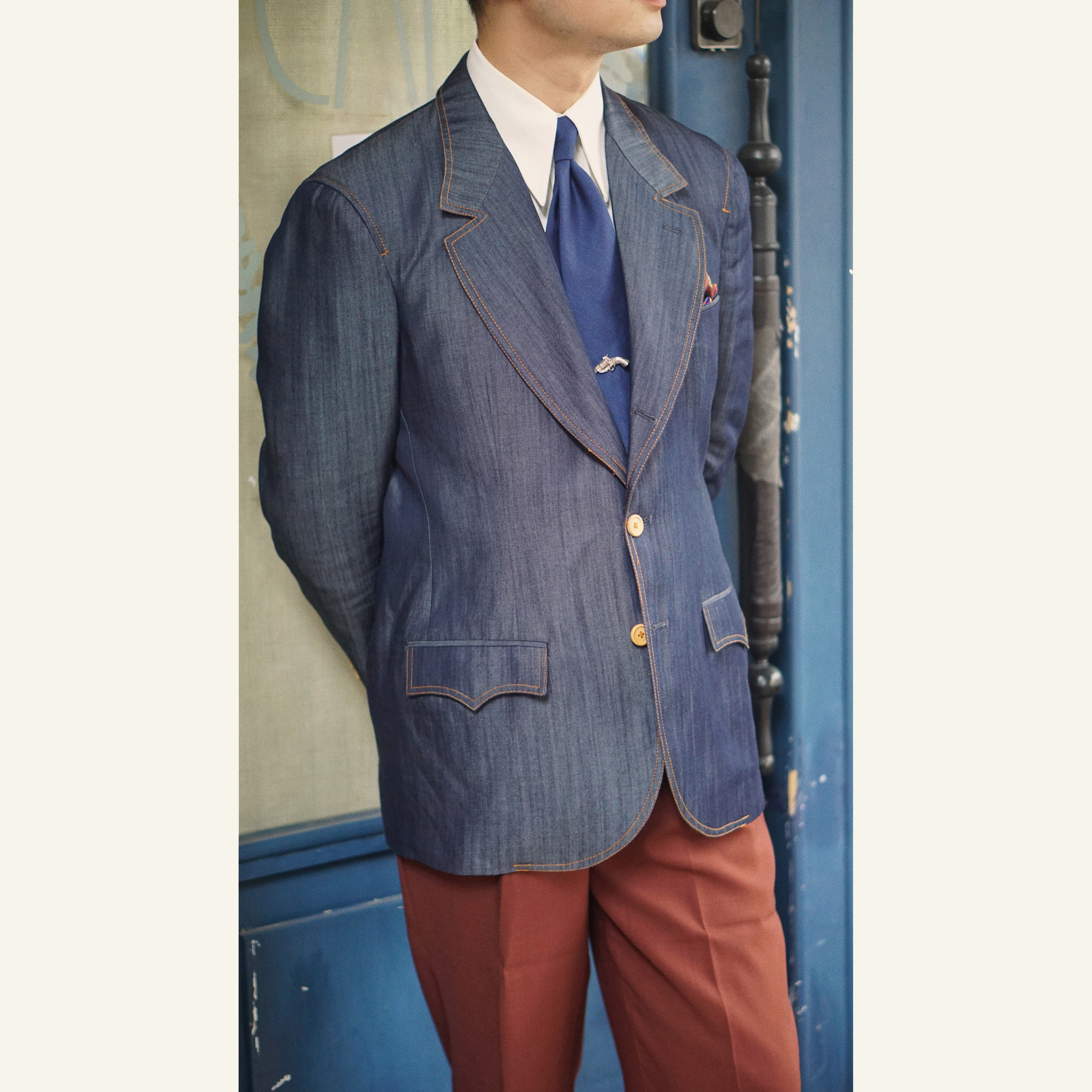 Fingler&Chow美式复古鱼嘴领咔叽丹宁布雷泽Denim Blazer#m码现货