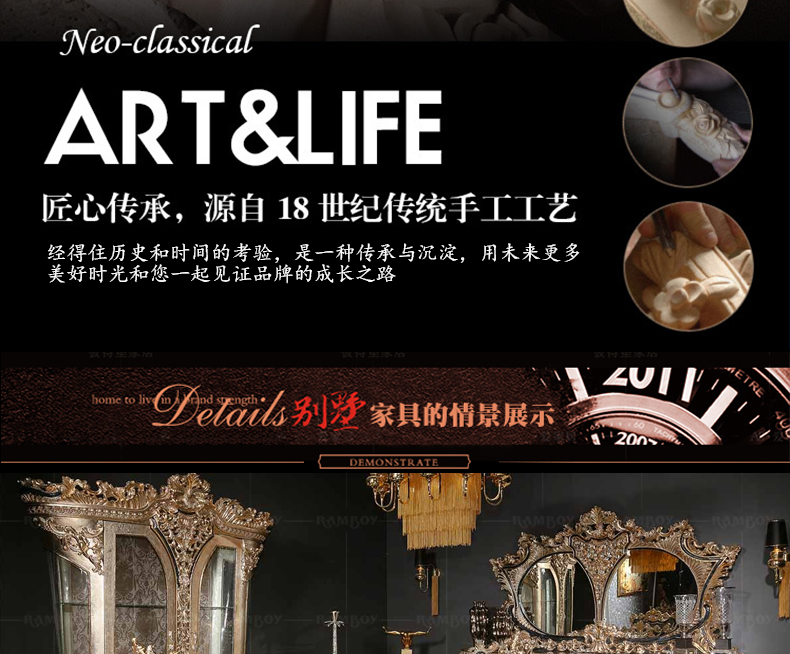 Biệt thự cao cấp Tủ búp phê Châu Âu gỗ nguyên khối màu sâm panh bề mặt ...