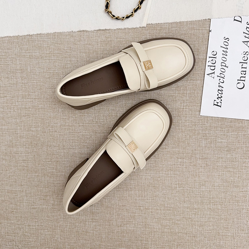 英倫風粗跟樂福鞋女2024秋季新款百搭厚底jk小皮鞋一腳蹬方頭鞋-Taobao