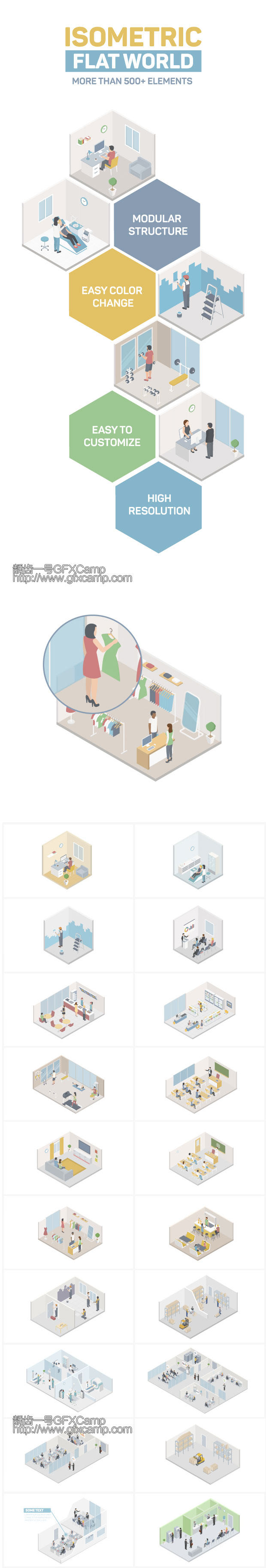 AE模板-500+三维扁平化等距人物场景元素MG动画 – 龋齿一号GFXCamp
