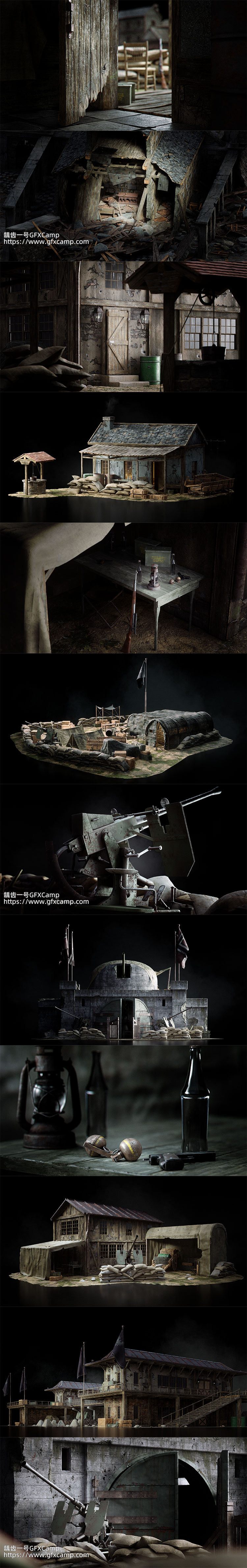 战争废墟倒塌房屋建筑场景3D模型资产 World War 2 C4D/FBX/OBJ/Blender/3DS MAX/Maya/Houdini/Unity/Unreal格式 – 龋齿一号GFXCamp