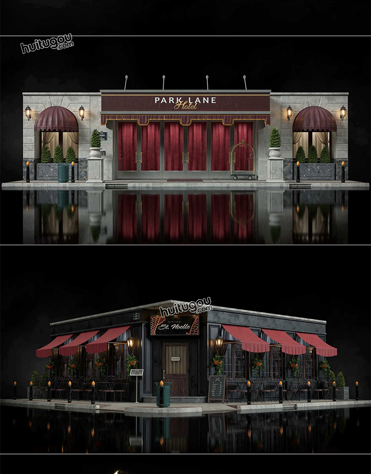 C4D餐厅银行杂货店商店门头街道店面3D模型Kitbash3D-Storefronts - KitBash3D模型 - 绘图狗-设计灵感素材集散地