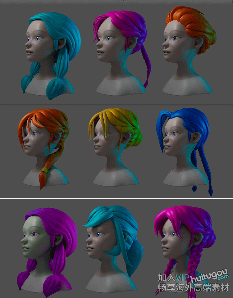 Blend卡通女生发型3D模型C4D头发模块高模建模ZBrush雕刻ZTL素材 - 人物角色 - 绘图狗-设计灵感素材集散地