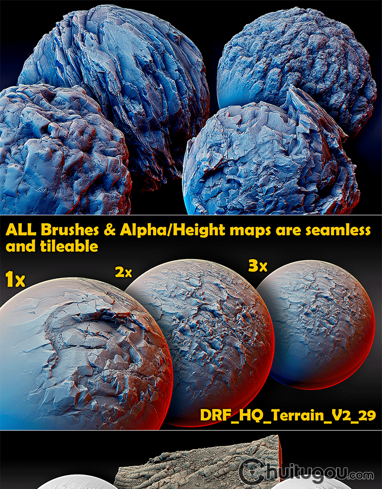 zbrush地形岩石表面无缝笔刷ZB画笔雕刻建模zbp素材Alpha纹理贴图 - 宝石岩石 - 绘图狗-设计灵感素材集散地