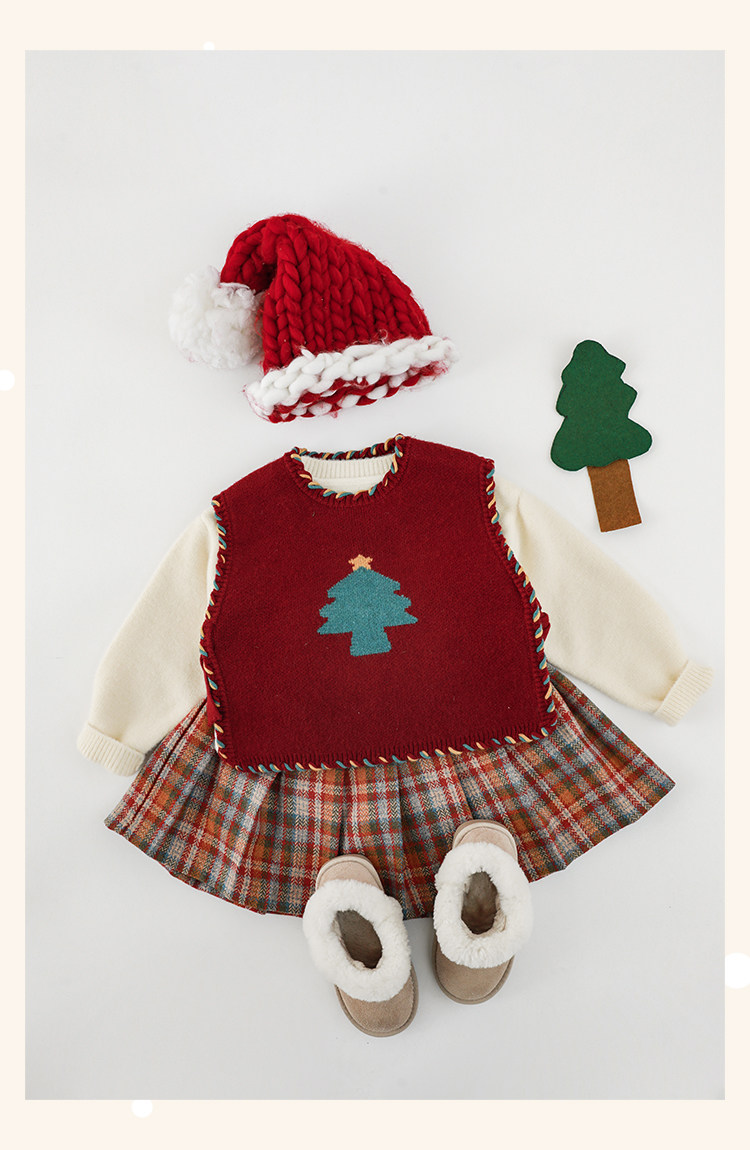 吾里卜一女童圣诞套装甜美可爱加绒百褶裙冬季芝麻点提花马甲毛衣-阿里巴巴