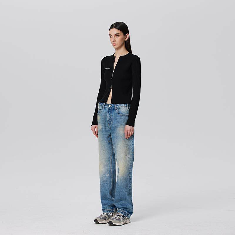 品牌直營 LE ALESSANDRA 黑色刺繡圓領毛衣上下拉鍊開衫打底衫