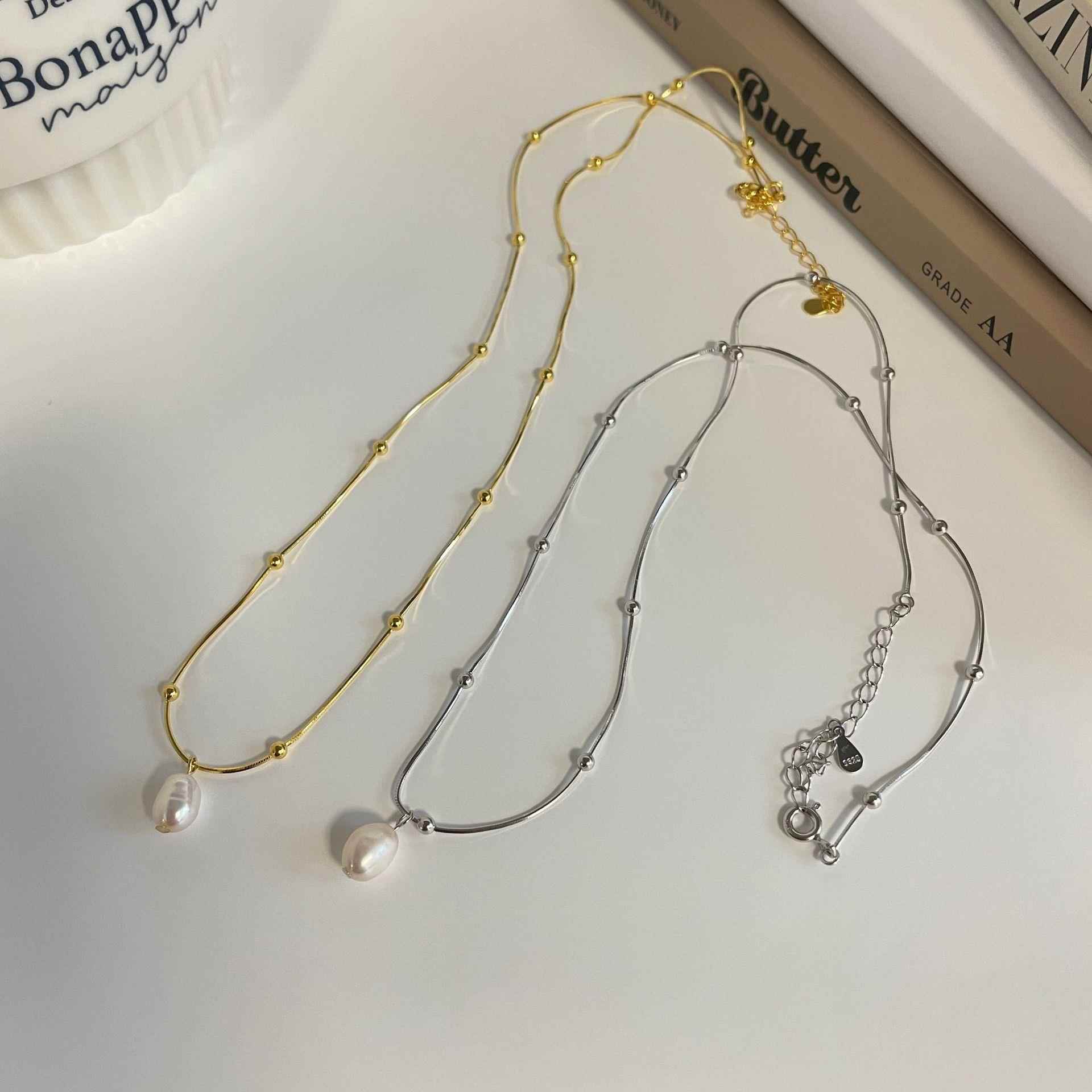 亚芳彩S925纯银韩国巴洛克珍珠锁骨链女小众高级感间隔珠蛇骨链项-Taobao