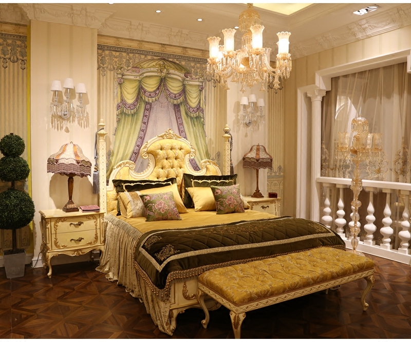 French palace style solid wood double bed with white frame carved gold ...