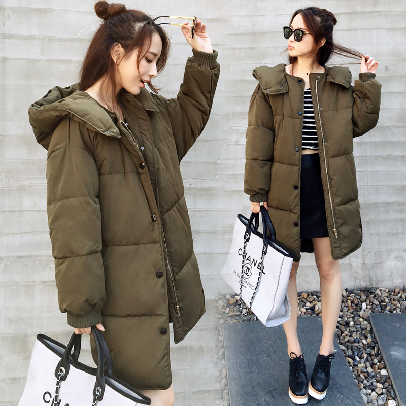Купить Женская утепленная куртка 韩国冬装新款大码连帽工装棉衣中长款加厚宽松学生羽绒棉服女外套 Jian ...