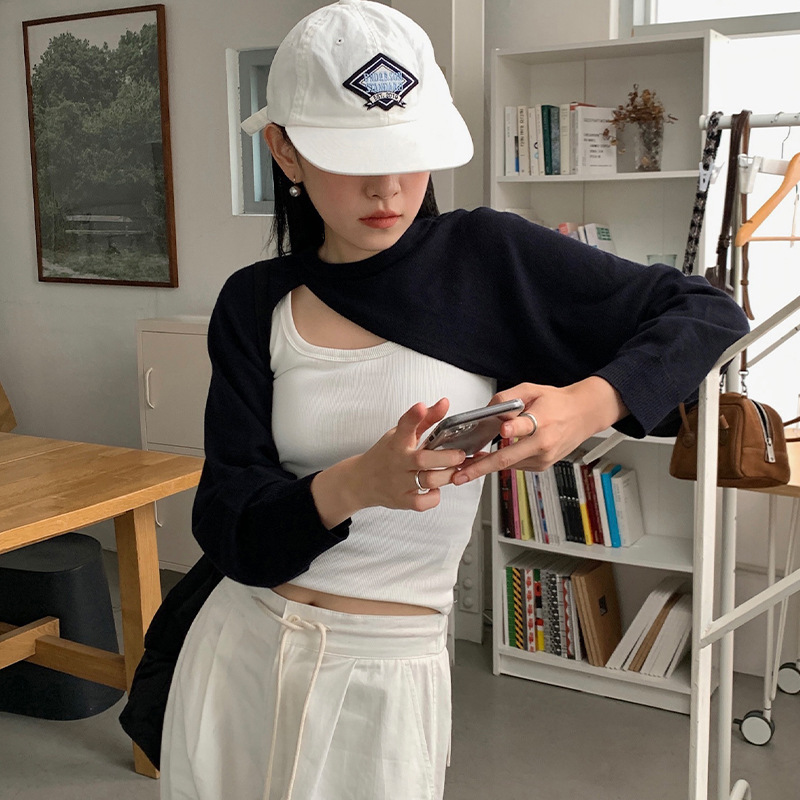 TG 套頭圓領針織罩衫女2023秋季新款ins小眾超短款長袖坎肩19125-Taobao